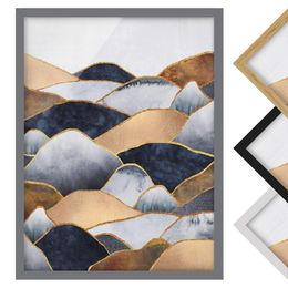 Bilderwelten Bild mit Rahmen - Hochformat Goldene Berge Aquarell