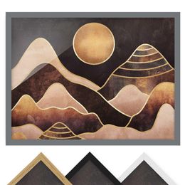 Bilderwelten Bild mit Rahmen - Querformat Goldene Sonne abstrakte Berge