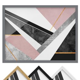 Bilderwelten Bild mit Rahmen - Querformat Schwarz Wei&szlig; Geometrie mit Gold