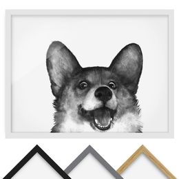 Bilderwelten Bild mit Rahmen Tiere schwarz weiss Pop Art Aquarell - Illustration Hund Corgi Wei&szlig; Schwarz Malerei - Hund Wohnzimmer Schlafzimmer