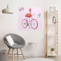 Bilderwelten Glasbild Tiere Fotomontage rosa Glas Wandbild - Flamingo mit Fahrrad - Fahrzeuge Wohnzimmer Schlafzimmer