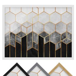 Bilderwelten Bild mit Rahmen originell gold Abstrakt Aquarell - Goldene Sechsecke Schwarz Wei&szlig; - Geometrisch Wohnzimmer Schlafzimmer