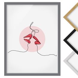Bilderwelten Bild mit Rahmen - Hochformat Lippen Kuss Line Art