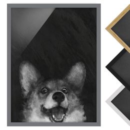 Bilderwelten Bild mit Rahmen - Hochformat Illustration Hund Corgi Malerei Schwarz Wei&szlig;