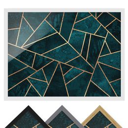 Bilderwelten Bild mit Rahmen originell t&uuml;rkis Abstrakt Aquarell - Dunkles T&uuml;rkis mit Gold - Geometrisch Wohnzimmer Schlafzimmer