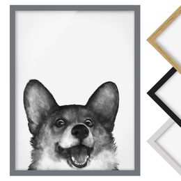 Bilderwelten Bild mit Rahmen - Hochformat Illustration Hund Corgi Wei&szlig; Schwarz Malerei