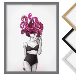 Bilderwelten Bild mit Rahmen - Hochformat Illustration Frau in Unterw&auml;sche Schwarz Wei&szlig; Oktopus