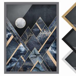 Bilderwelten Bild mit Rahmen - Hochformat Goldener Mond abstrakte schwarze Berge