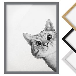 Bilderwelten Bild mit Rahmen - Hochformat Illustration Katze Zeichnung Schwarz Wei&szlig;