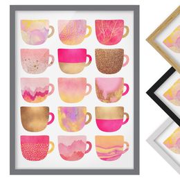Bilderwelten Bild mit Rahmen - Hochformat Goldene Tassen mit Pink