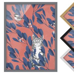 Bilderwelten Bild mit Rahmen - Hochformat Illustration Katze und Vogel auf Ast Blau Rot