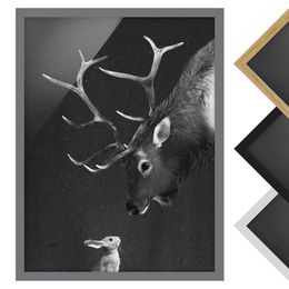 Bilderwelten Bild mit Rahmen - Hochformat Illustration Hirsch und Hase Schwarz Wei&szlig; Malerei