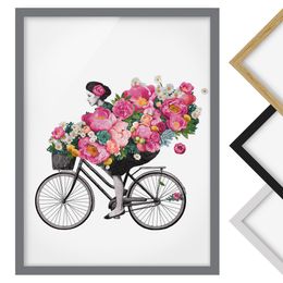 Bilderwelten Bild mit Rahmen - Hochformat Illustration Frau auf Fahrrad Collage bunte Blumen