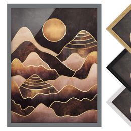 Bilderwelten Bild mit Rahmen - Hochformat Goldene Sonne abstrakte Berge