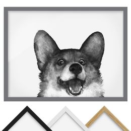 Bilderwelten Bild mit Rahmen - Querformat Illustration Hund Corgi Wei&szlig; Schwarz Malerei
