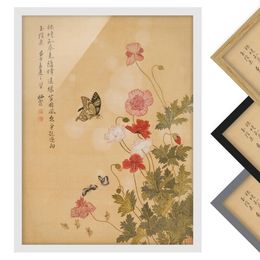 Bilderwelten Bild mit Rahmen Tiere beige modern inkl. Rahmung - Yuanyu Ma - Mohnblumen und Schmetterlinge - Mohn Wohnzimmer Schlafzimmer