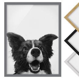 Bilderwelten Bild mit Rahmen - Hochformat Illustration Hund Border Collie Schwarz Wei&szlig; Malerei