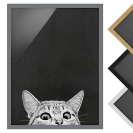 Bilderwelten Bild mit Rahmen - Hochformat Illustration Katze Schwarz Wei&szlig; Zeichnung