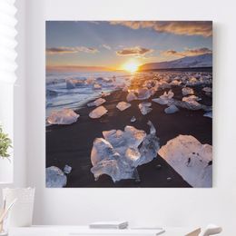 Bilderwelten Leinwandbild Strand Motiv Kunstdruck blau - Eisbrocken am Strand Island - Landschaft XXL Wohnzimmer Schlafzimmer