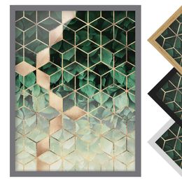 Bilderwelten Bild mit Rahmen - Hochformat Gr&uuml;ne Bl&auml;tter goldene Geometrie