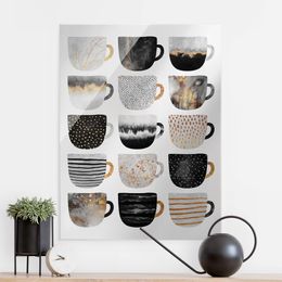 Bilderwelten Glasbild - Hochformat Goldene Tassen Schwarz Wei&szlig;