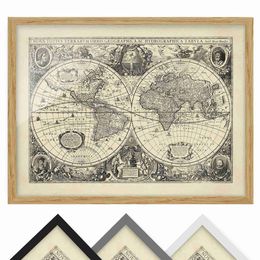 Bilderwelten Bild mit Rahmen - Querformat Vintage Weltkarte Antike Illustration