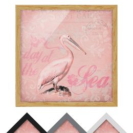 Bilderwelten Bild mit Rahmen Tiere pink Vintage inkl. Rahmung - Shabby Chic Collage - Pelikan - Retro Wohnzimmer Schlafzimmer