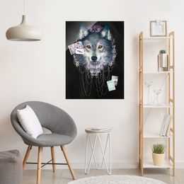 Bilderwelten Glasbild - Hochformat Illustration Wolf mit Boho Traumf&auml;nger Schwarz