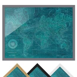 Bilderwelten Bild mit Rahmen - Querformat Vintage Weltkarte Azurblau
