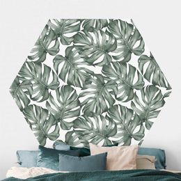 Bilderwelten Hexagon Tapete Vliestapete Tropisch Aquarell gr&uuml;n - Aquarell Monstera Bl&auml;tter in Gr&uuml;n - Pflanzen Wohnzimmer Schlafzimmer