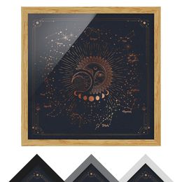 Bilderwelten Bild mit Rahmen - Quadrat Astrologie Sonne Mond und Sterne Blau Gold