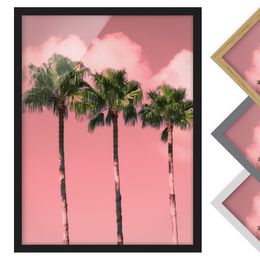 Bilderwelten Bild mit Rahmen - Hochformat Palmen vor Himmel Rosa
