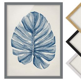 Bilderwelten Bild mit Rahmen - Hochformat Zeichnung Tropische Monstera in Indigo