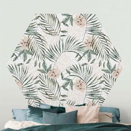 Bilderwelten Hexagon Tapete Vliestapete Tropisch Aquarell gr&uuml;n - Tropische Palmenb&ouml;gen mit Rosen Aquarell - Deko Wohnzimmer Schlafzimmer