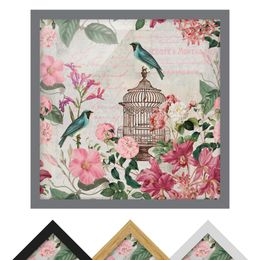 Bilderwelten Bild mit Rahmen - Quadrat Shabby Chic Collage - Rosa Bl&uuml;ten und blaue V&ouml;gel