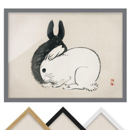 Bilderwelten Bild mit Rahmen Tiere schwarz weiss Vintage Aquarell - Asiatische Vintage Zeichnung Zwei Häschen - Retro Wohnzimmer Schlafzimmer