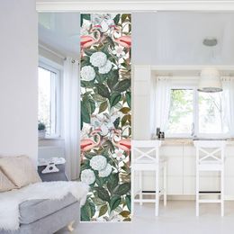 Bilderwelten Schiebegardine Rosa Flamingos mit Bl&auml;ttern und wei&szlig;en Blumen
