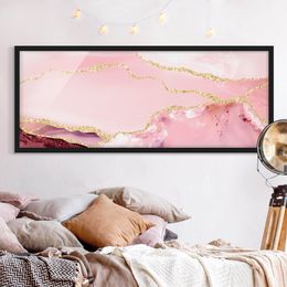 Bilderwelten Bild mit Rahmen Abstrakte Berge Rosa mit Goldenen Linien