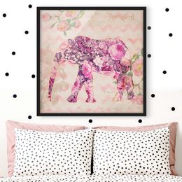 Bilderwelten Bild mit Rahmen Vintage Collage - Rosa Bl&uuml;ten Elefant