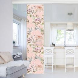 Bilderwelten Schiebegardine Aquarell V&ouml;gel mit gro&szlig;en Bl&uuml;ten vor Rosa