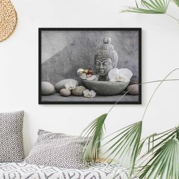 Bilderwelten Bild mit Rahmen Zen Buddha, Orchideen und Steine