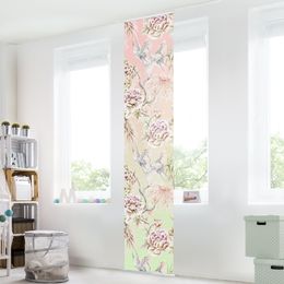 Bilderwelten Schiebegardine Aquarell V&ouml;gel mit gro&szlig;en Bl&uuml;ten und Ombre