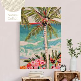 Bilderwelten Leinwandbild - Hochformat Palme mit pinken Blumen II