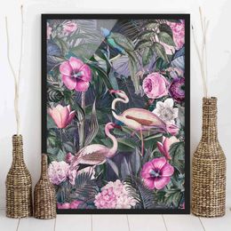 Bilderwelten Bild mit Rahmen Bunte Collage - Pinke Flamingos im Dschungel