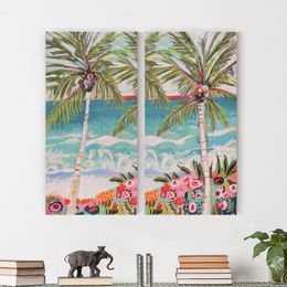 Bilderwelten 2-teiliges Leinwandbild - Hochformat Palme mit pinken Blumen Set I