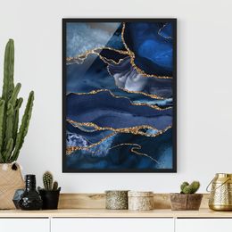 Bilderwelten Bild mit Rahmen Goldene Glitzer Wellen vor Blau
