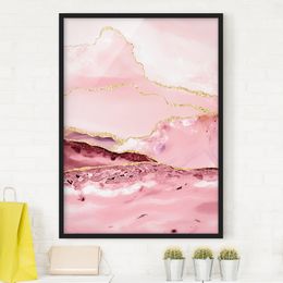 Bilderwelten Bild mit Rahmen Abstrakte Berge Rosa mit Goldenen Linien