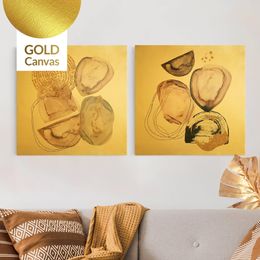 Bilderwelten 2-teiliges Leinwandbild Japandi Aquarell Formen Gold