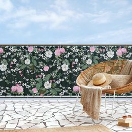 Bilderwelten Balkonsichtschutz nach Ma&szlig; bis 10 m bunt Blumen modern Rosen und Schmetterlinge auf Dunkelgr&uuml;n - Rose Balkon Gartenzaun