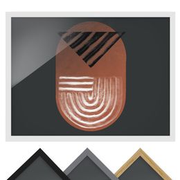 Bilderwelten Bild mit Rahmen originell braun Abstrakt inkl. Rahmung - Indigene Ton Geometrie auf Dunkelgrau - Deko Wohnzimmer Schlafzimmer